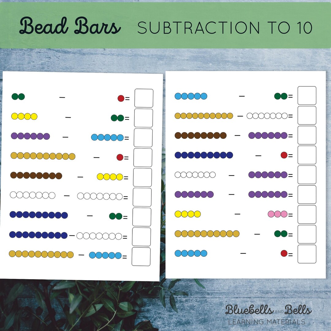 Montessori Bead Bar Subtraction to 10 Worksheets. - Etsy
