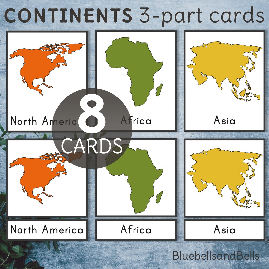 Continents Montessori Printable 3 Part Cards. - Etsy