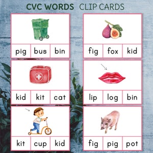 Montessori Printable Reading Clip Cards. Pink Series CVC Word Reading ...