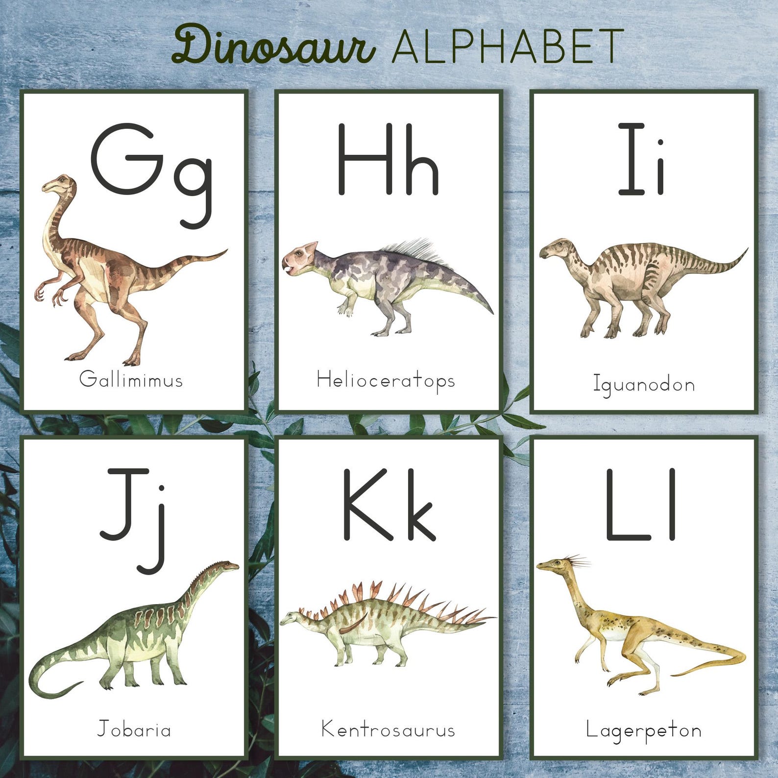 Dinosaur Alphabet Flashcards. Watercolor Letter Cards. Kids Printable ...