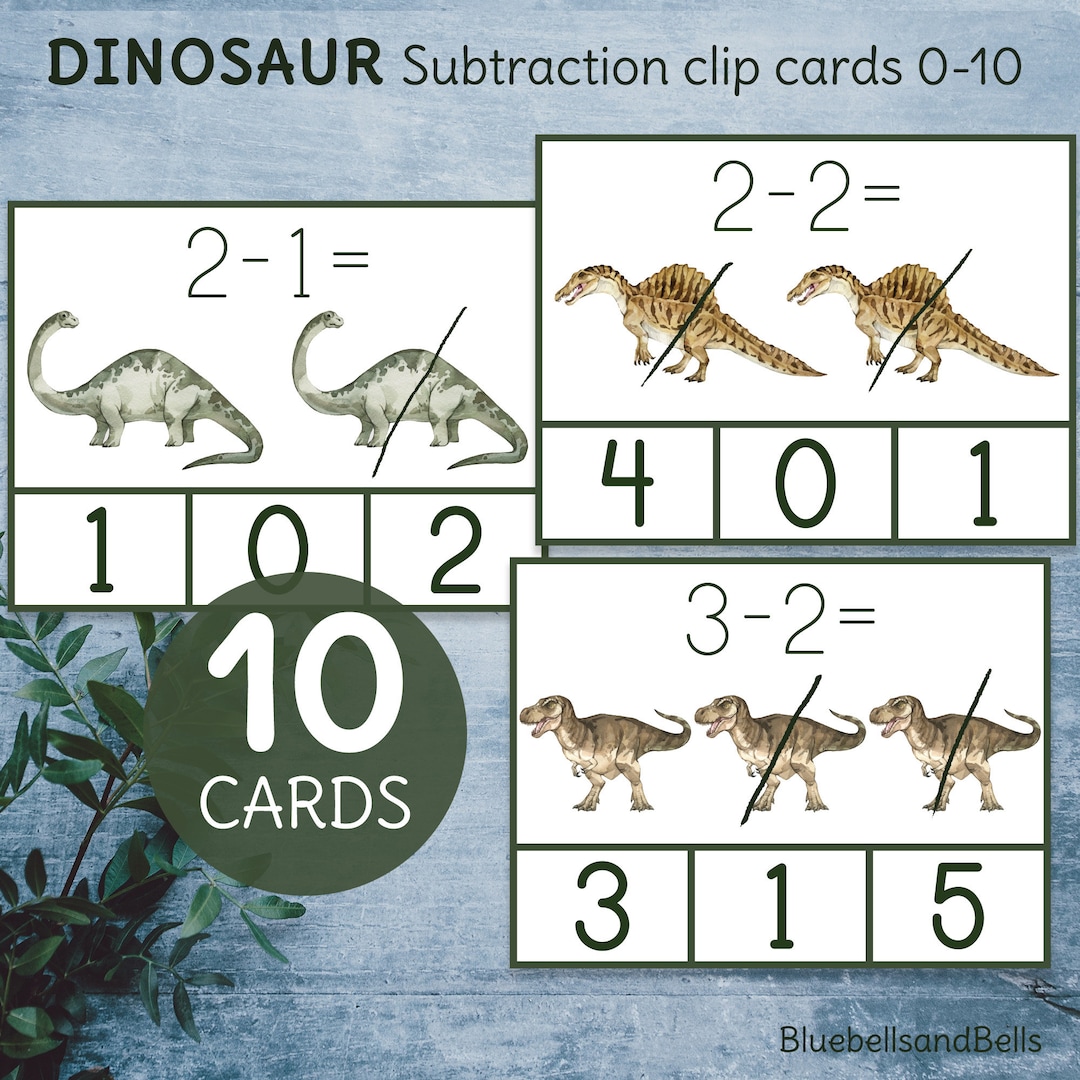 Dinosaur Count and Clip Cards Subtraction 0-10. Montessori Kindergarten ...