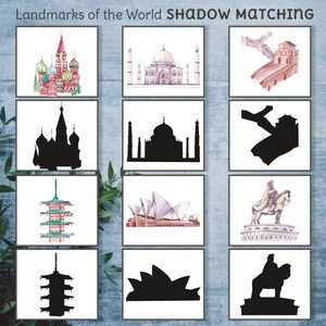 Preschool Shadow Matching Cards Landmarks of the World. Montessori ...