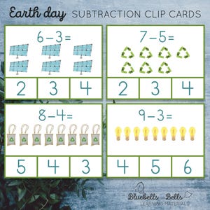 Earth Day Printable Count and Clip Cards Subtraction 1-10. Kindergarten ...