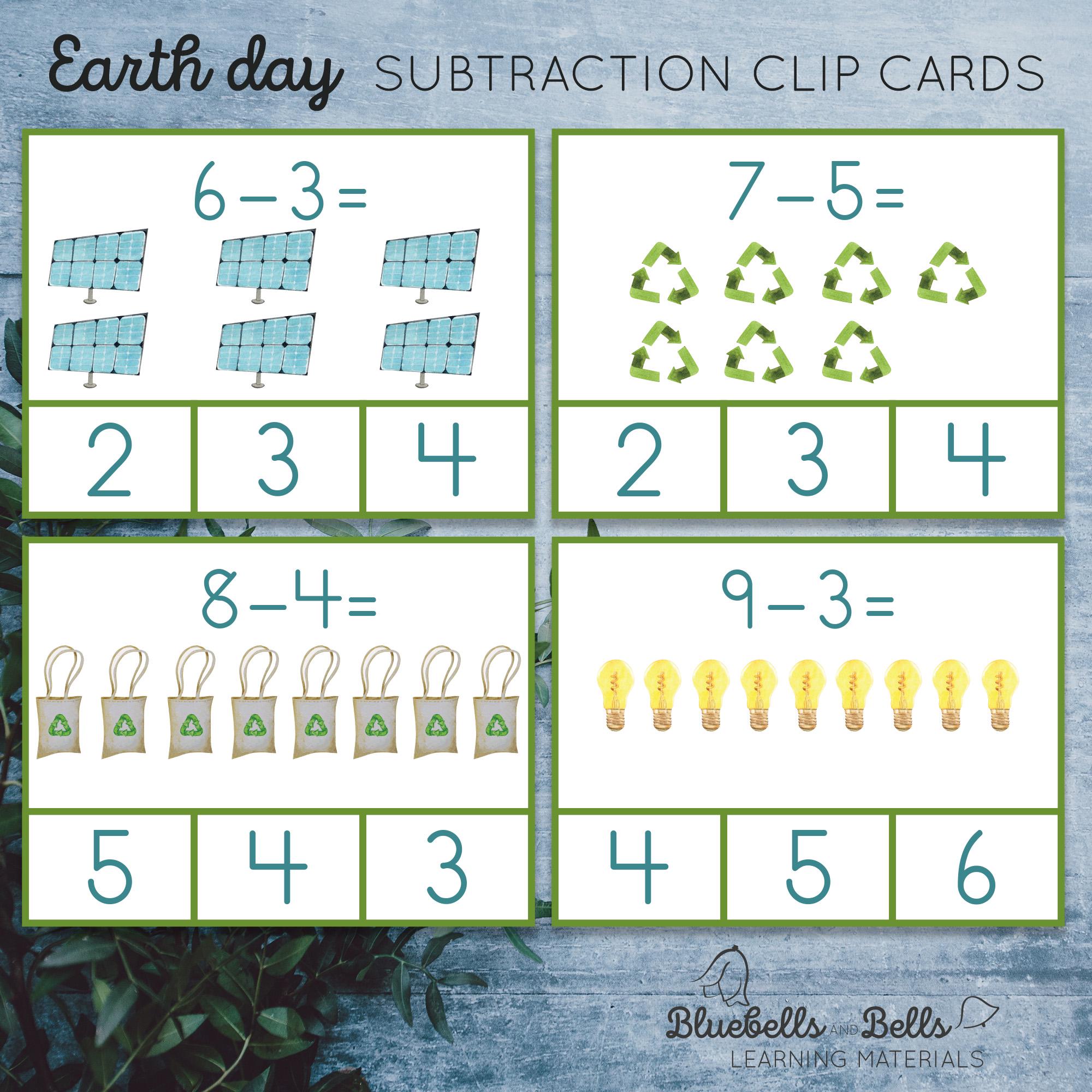 Earth Day Printable Count and Clip Cards Subtraction 1-10. Kindergarten ...