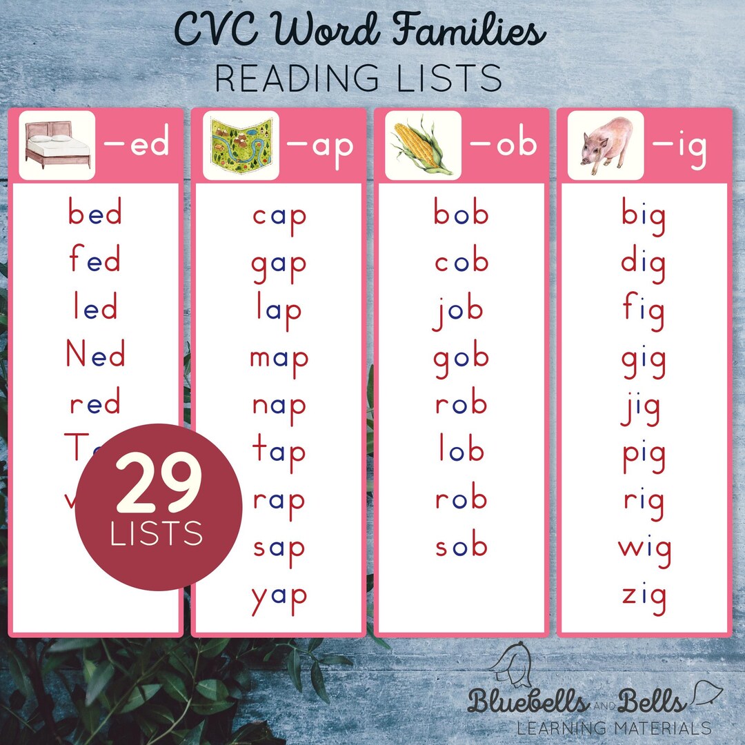 CVC Word Families Reading Lists. Montessori Pink Series Printable. - Etsy