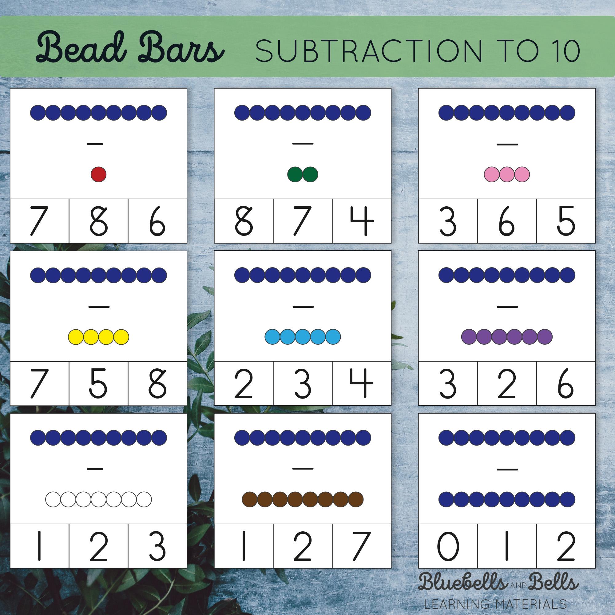 Montessori Bead Bar Subtraction Clip Cards. Kindergarten and 1st Grade ...