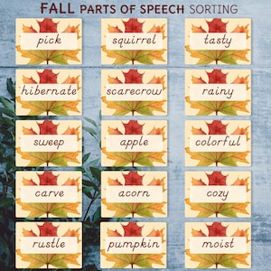 Fall Parts of Speech Sorting Printable Cards. Noun, Verb, Adjective ...