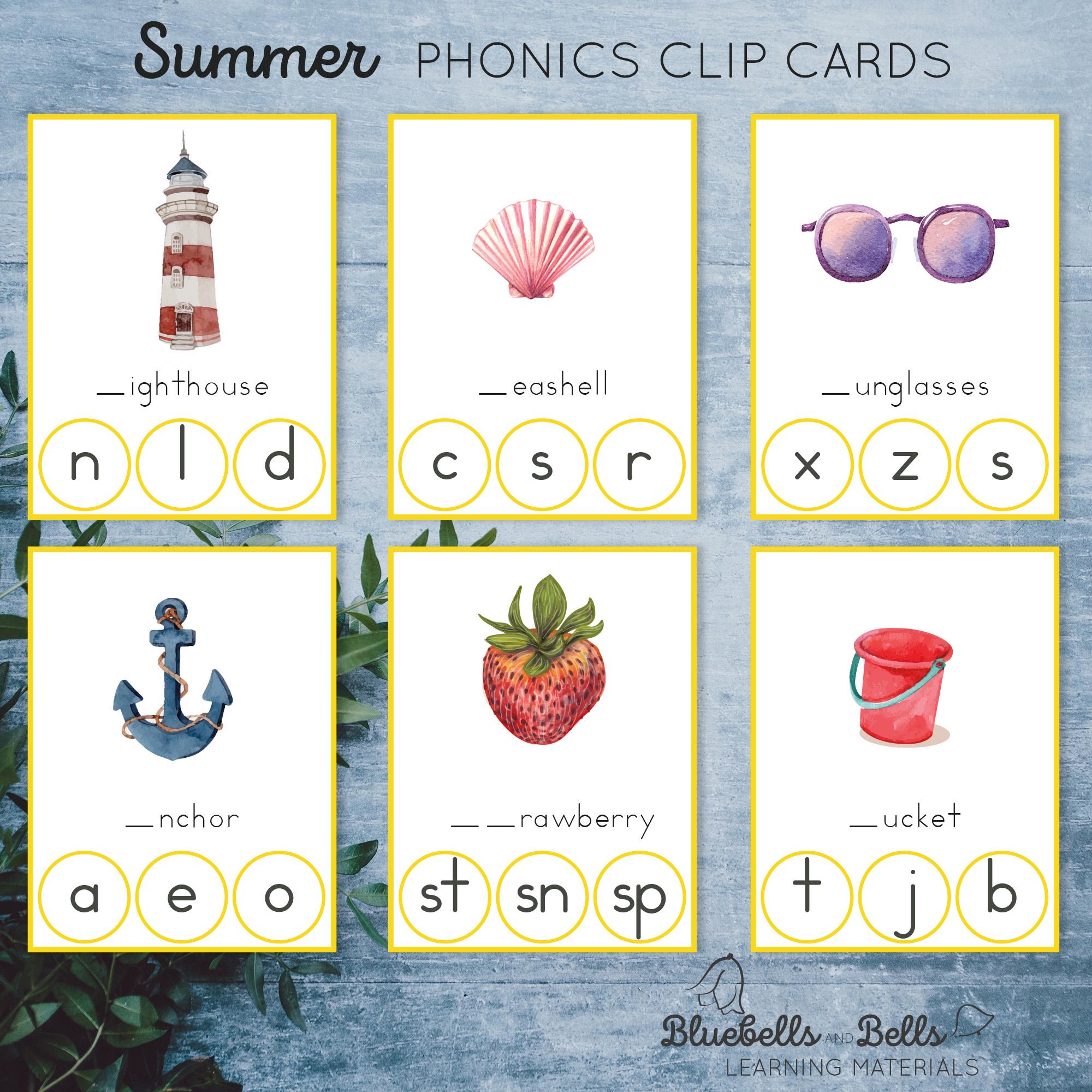 Summer Phonics Clip Cards. Montessori Preschool Printable. - Etsy