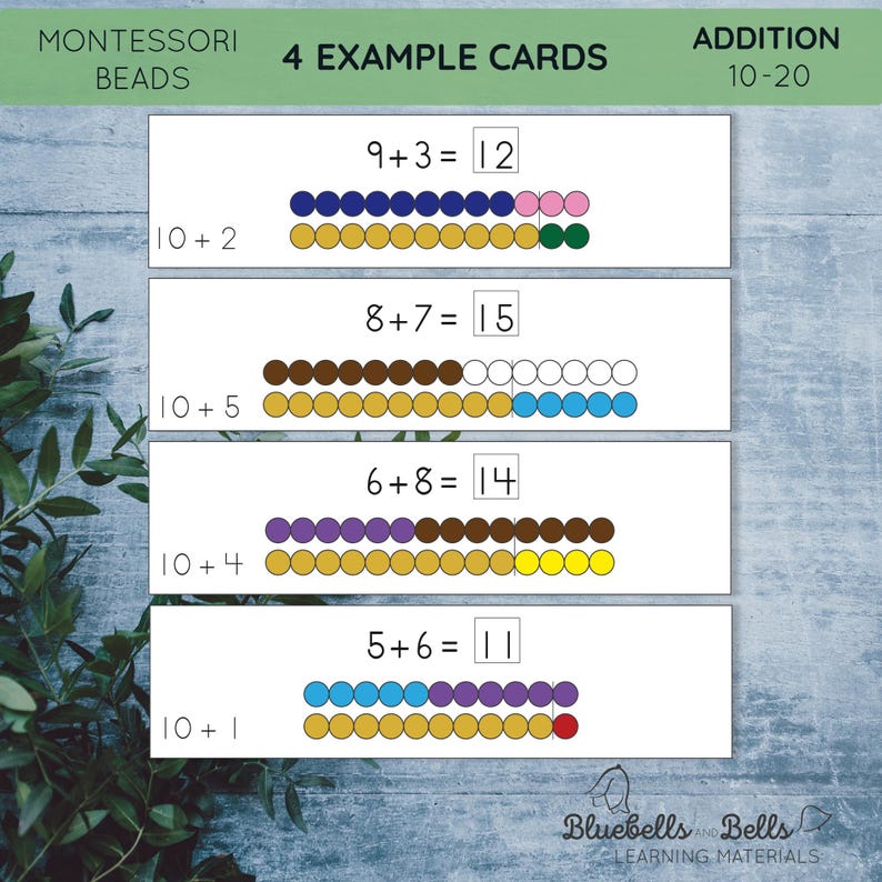 Montessori Beads Addition 10 -20. Addition With Carry Printable Cards ...