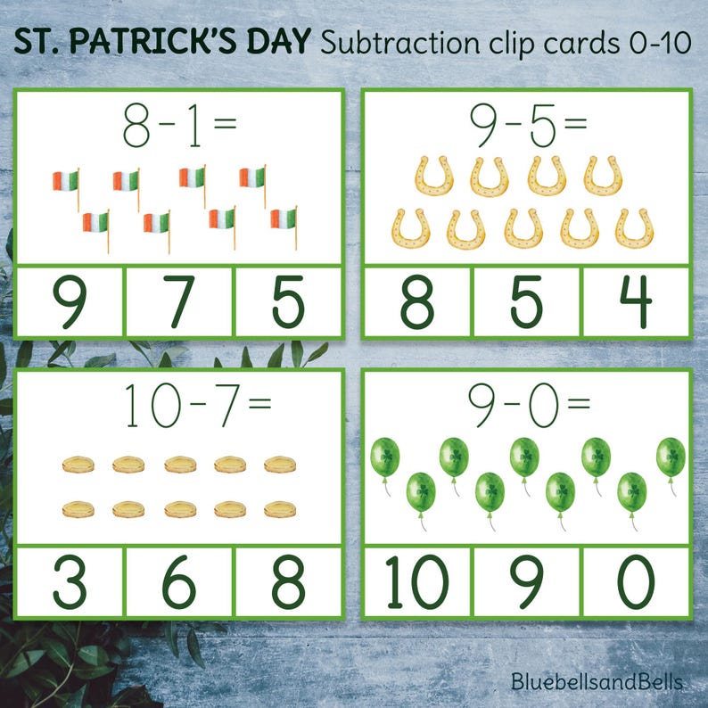 St. Patrick's Day Montessori Printable Clip Cards Subtraction 0-10 ...