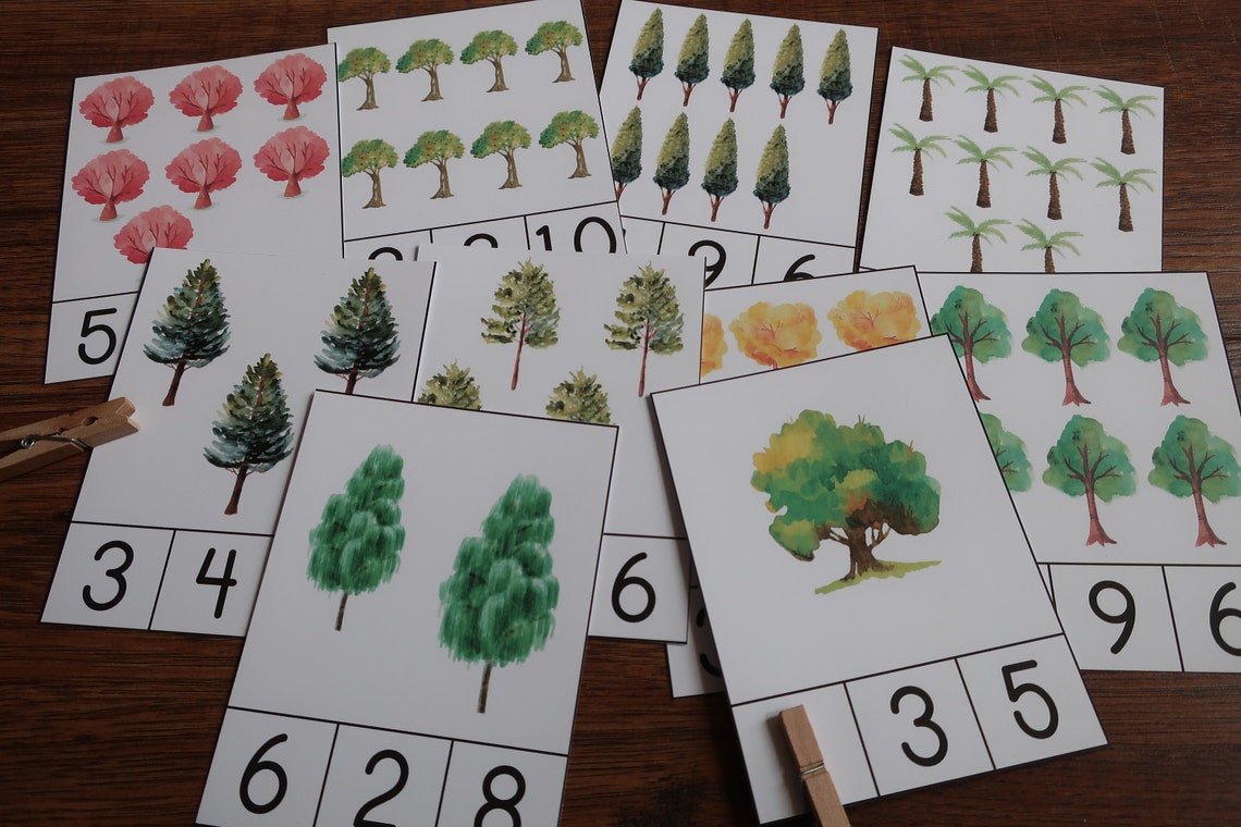 Trees Count and Clip Cards 1-10. Montessori Printable. | Etsy