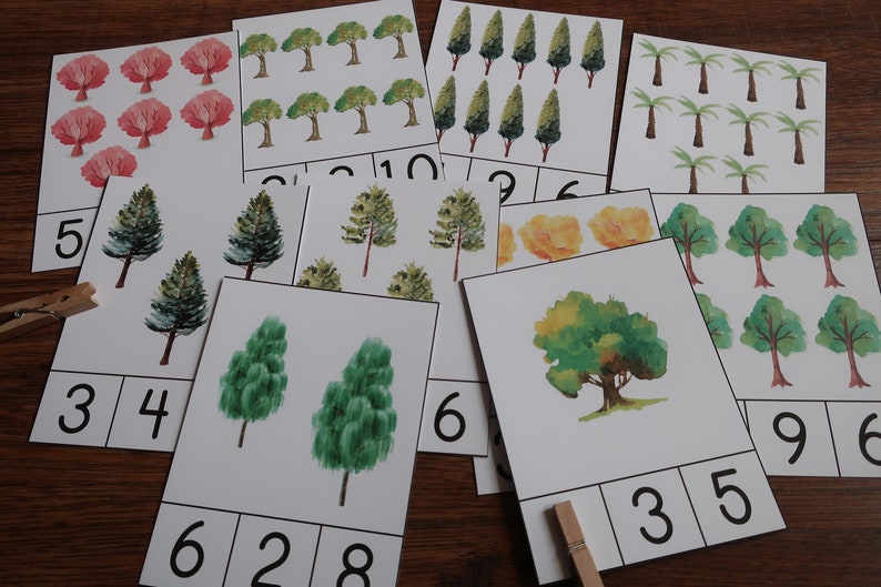 Trees Count and Clip Cards 1-10. Montessori Printable. | Etsy