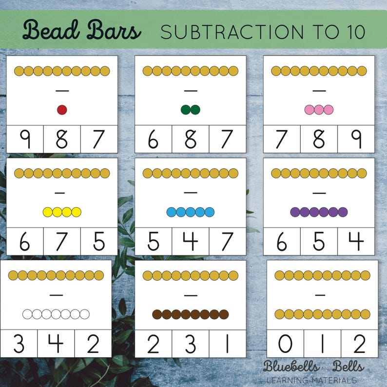 Montessori Bead Bar Subtraction Clip Cards. Kindergarten and 1st Grade ...