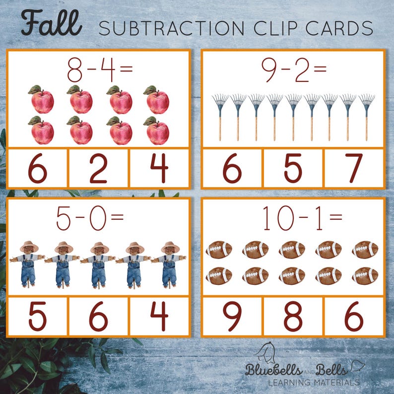 Fall Montessori Printable Subtraction Clip Cards 0-10. Preschool and ...