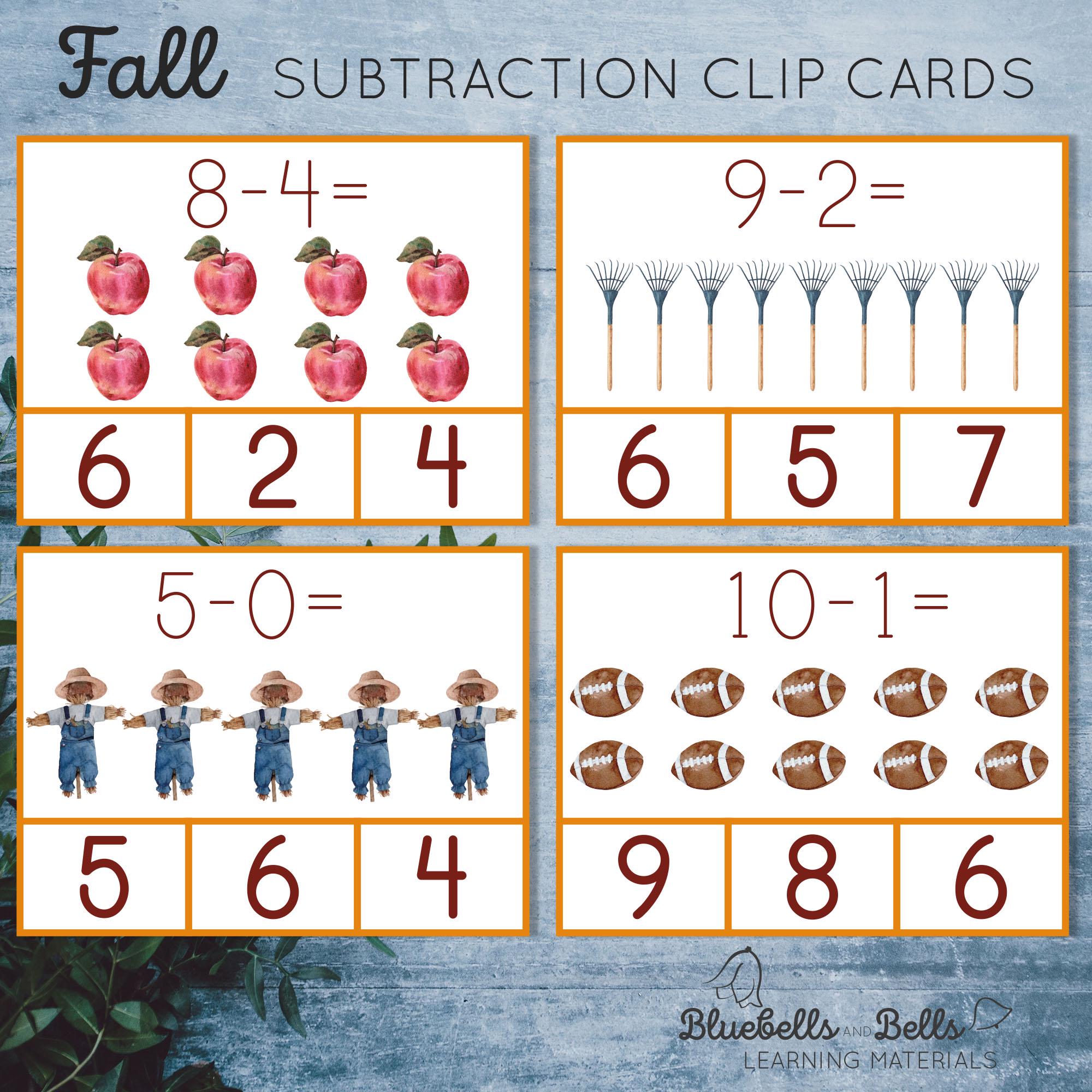 Fall Montessori Printable Subtraction Clip Cards 0-10. Preschool and ...