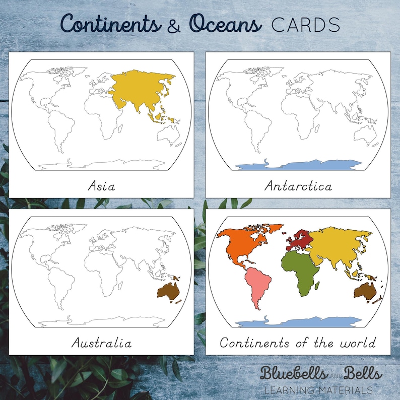 Continents and Oceans Cards and Map. Montessori Printable Geography ...