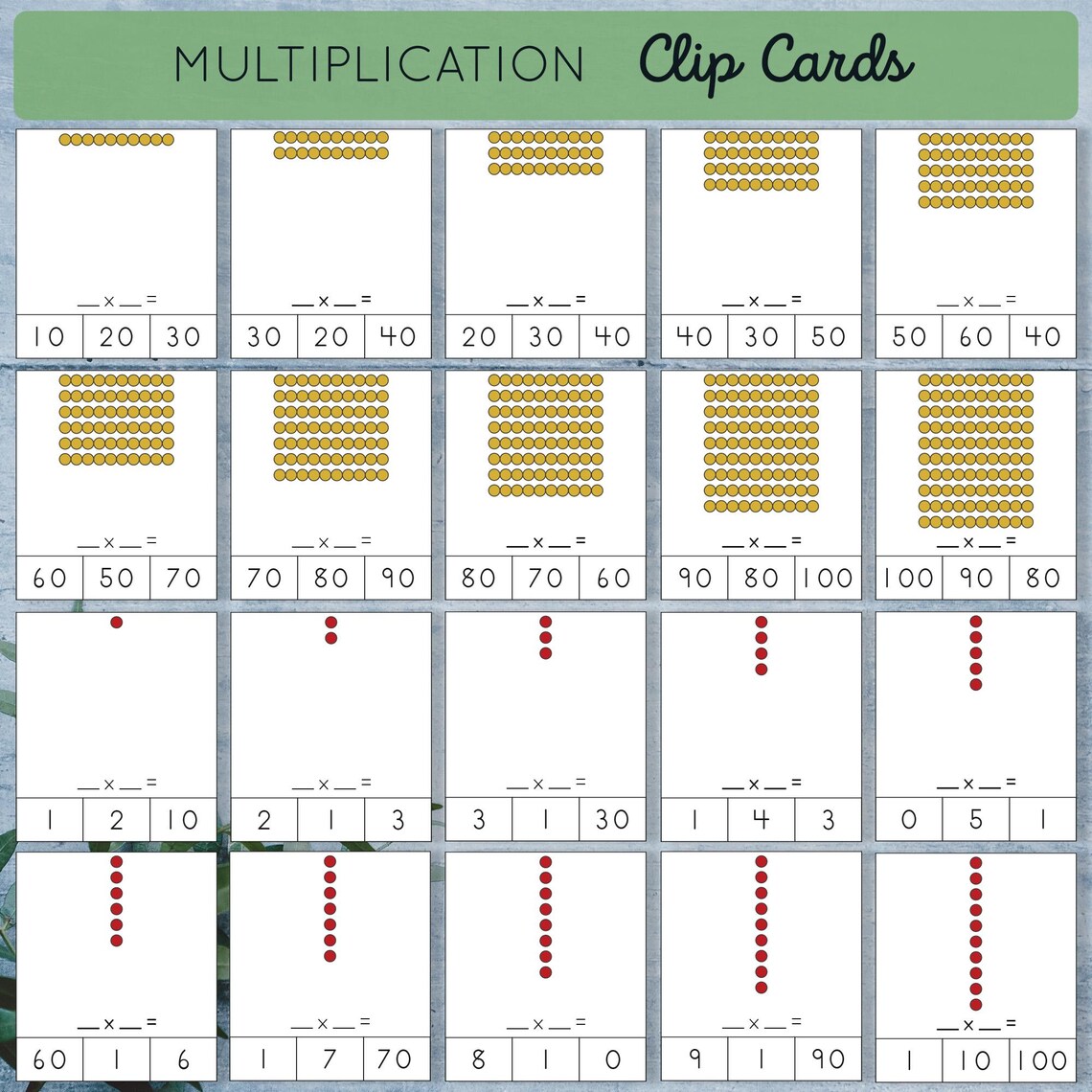 Montessori Bead Bars Multiplication Arrays Clip Cards - Etsy