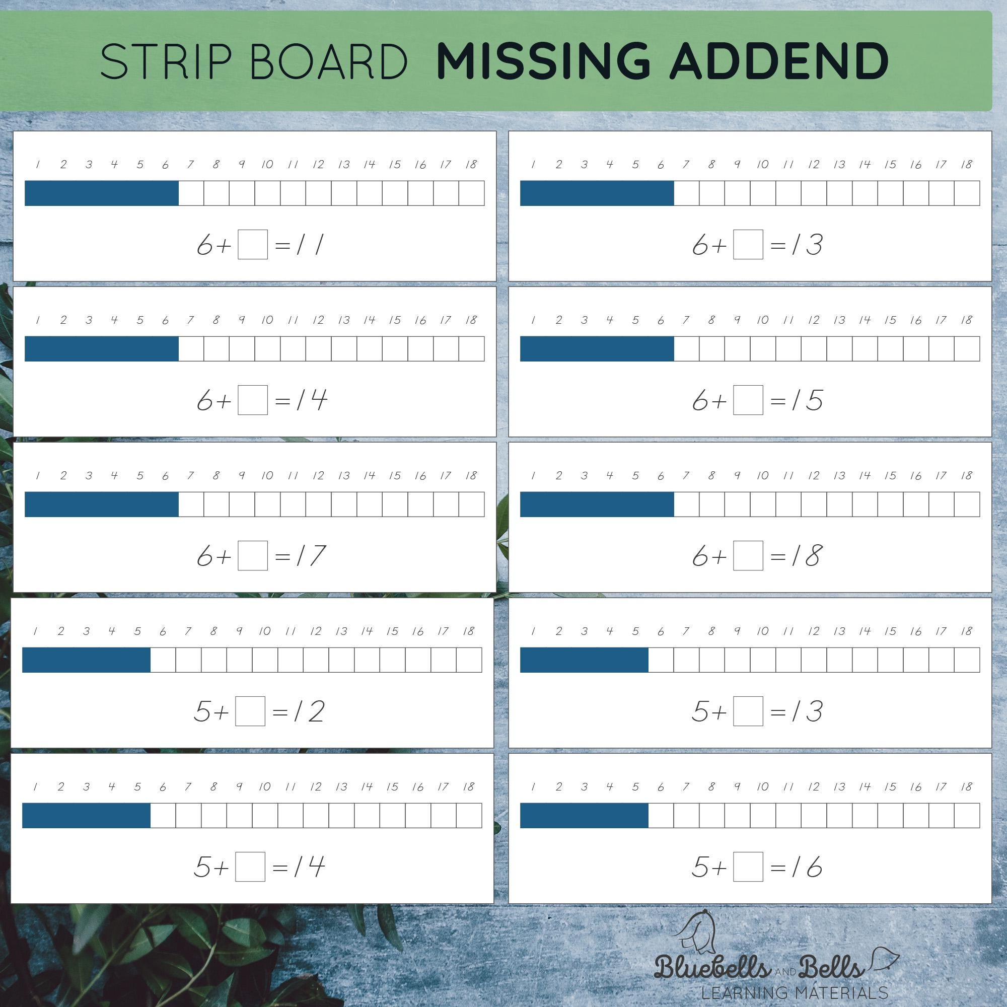 Montessori Addition Strip Board Worksheets Missing Addend to 18 ...