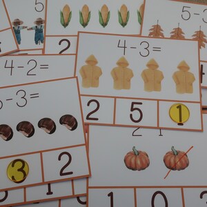 Fall Montessori Printable Subtraction Clip Cards 0-10. Preschool and ...