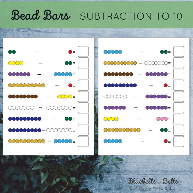Montessori Bead Bar Subtraction to 10 Worksheets. - Etsy
