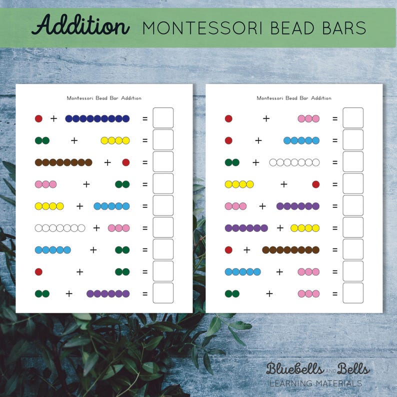 Montessori Bead Bars Addition to 10 Worksheets. Montessori Kindergarten ...