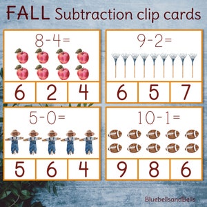 Fall Montessori Printable Subtraction Clip Cards 0-10. Preschool and ...