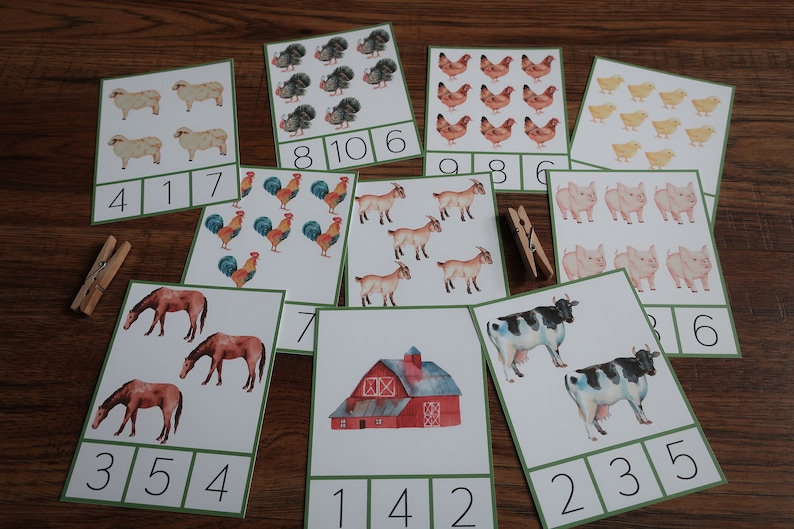 Farm Animals Count and Clip Cards 1-10. Farm Animals Counting | Etsy