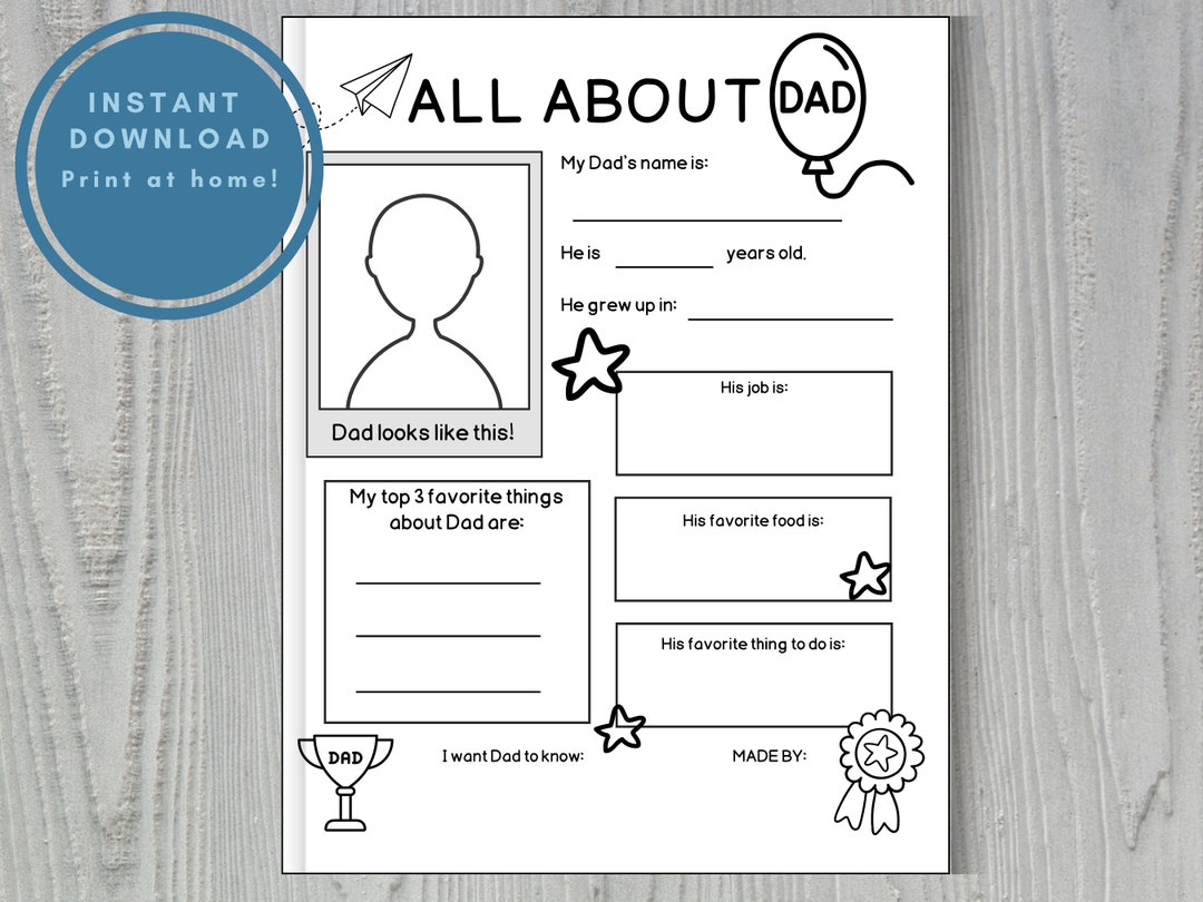 Printable All About Dad Fill in Template, Kids Gift for Fathers Day or ...