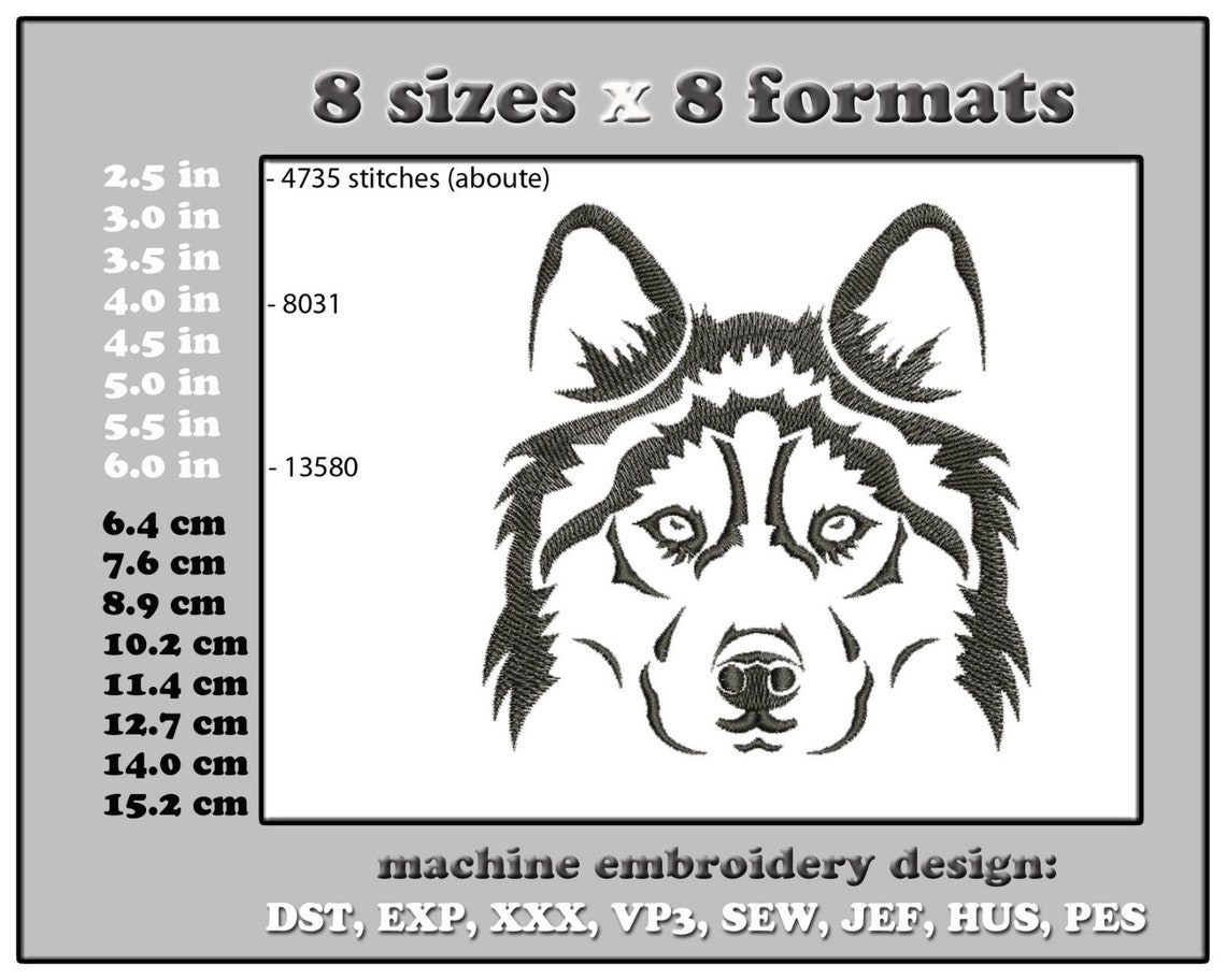 Husky Head Embroidery Design: Dog Machine Embroidery Files (8 Sizes) - Etsy