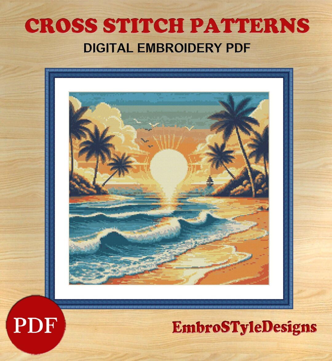 Tropical Sunset Cross Stitch Pattern, Seascape Embroidery Stitch ...