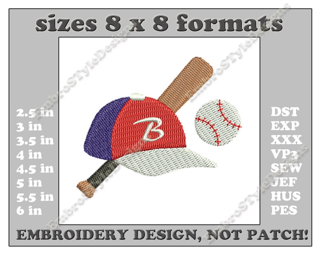 Baseball Machine Embroidery Design: Bat, Cap & Ball (8 Sizes) (digital ...
