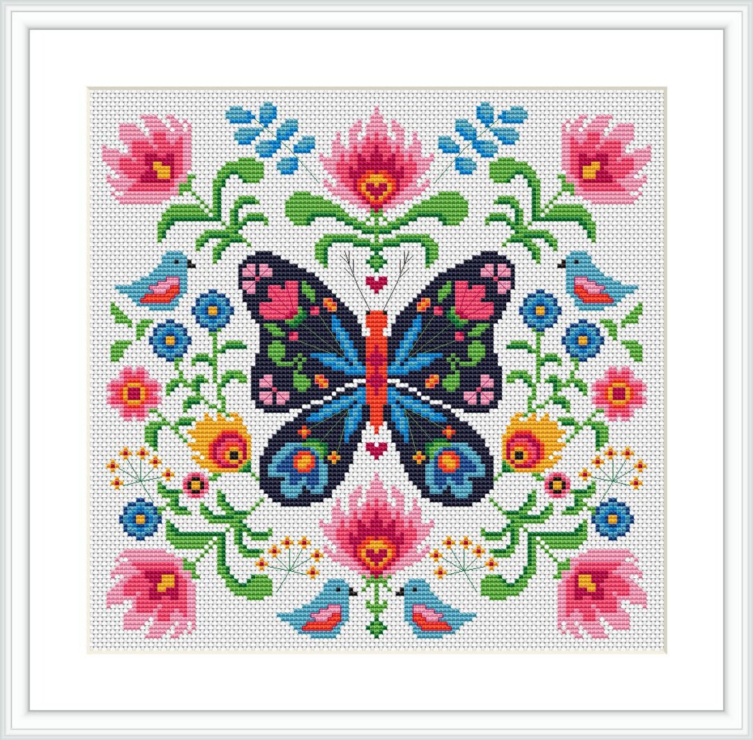 Folk Art Butterfly Cross Stitch Pattern: Geometric Flowers (PDF Pattern ...
