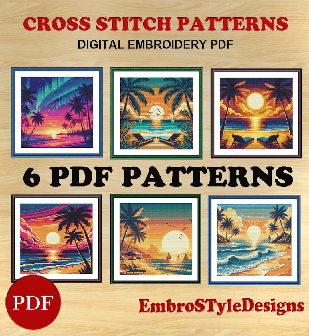 Tropical Sunset Cross Stitch Patterns: Nature Set, Hoop Art (PDF ...