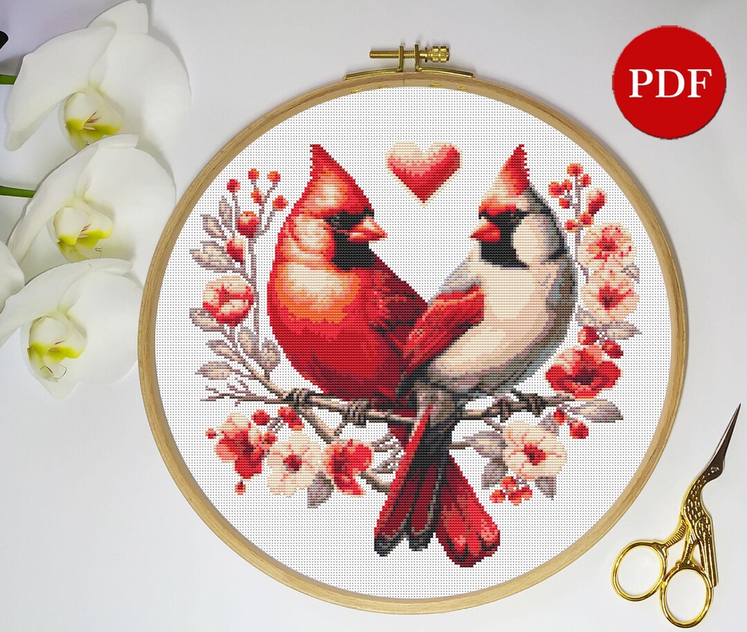Cardinals Heart Cross Stitch Pattern: Bird Embroidery (PDF Pattern) - Etsy