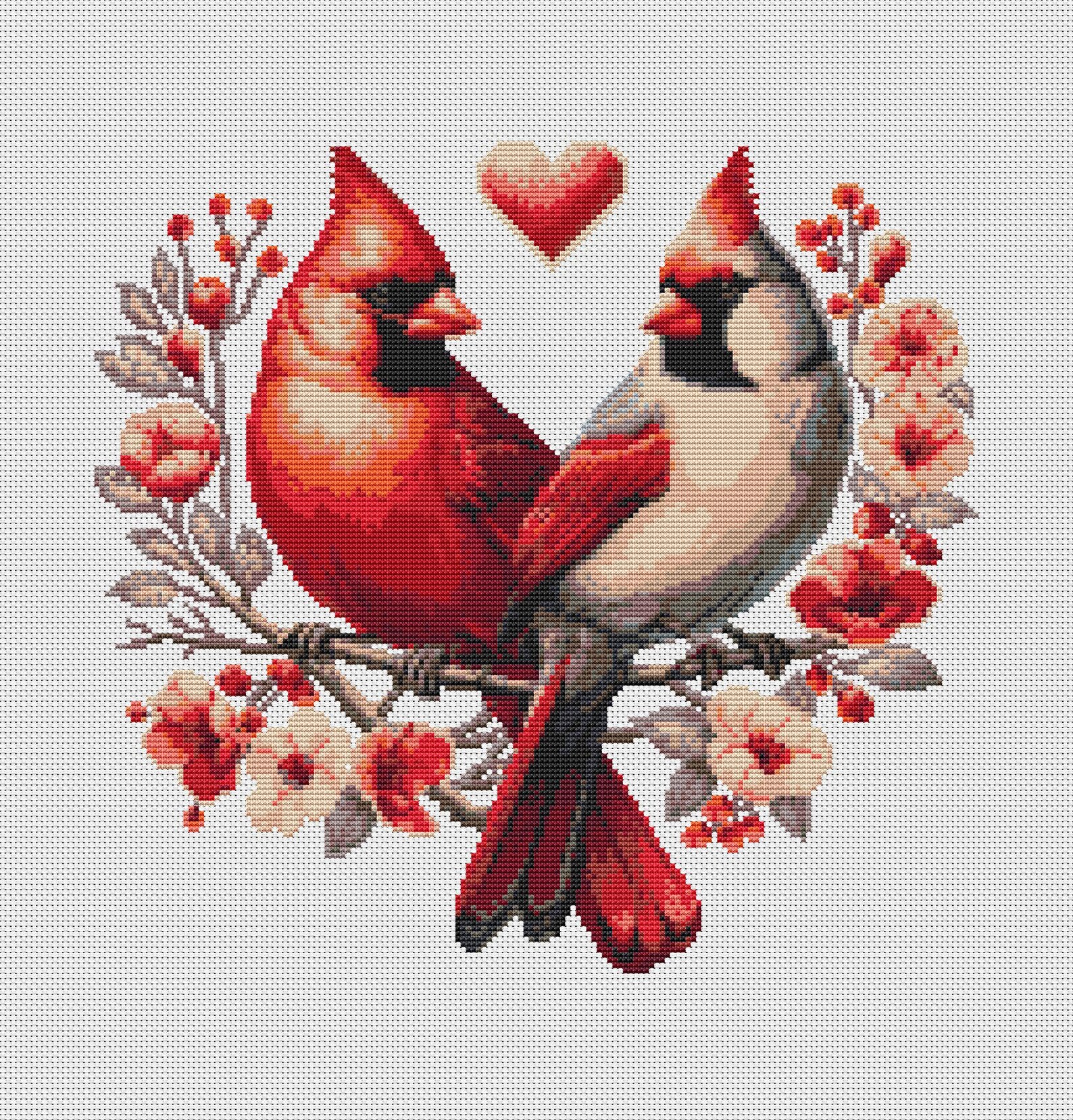 Cardinals Heart Cross Stitch Pattern: Bird Embroidery (PDF Pattern) - Etsy