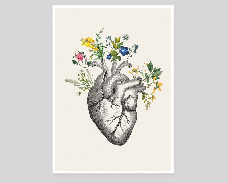 Retro Collage Poster, Anatomical Heart Art, Botanical Illustration ...