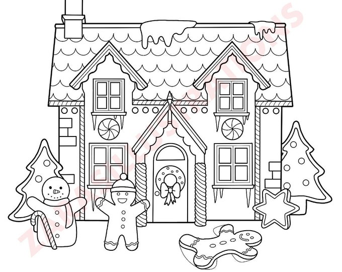 Christmas Gingerbread House Illustration, Colouring Page, PDF Download ...