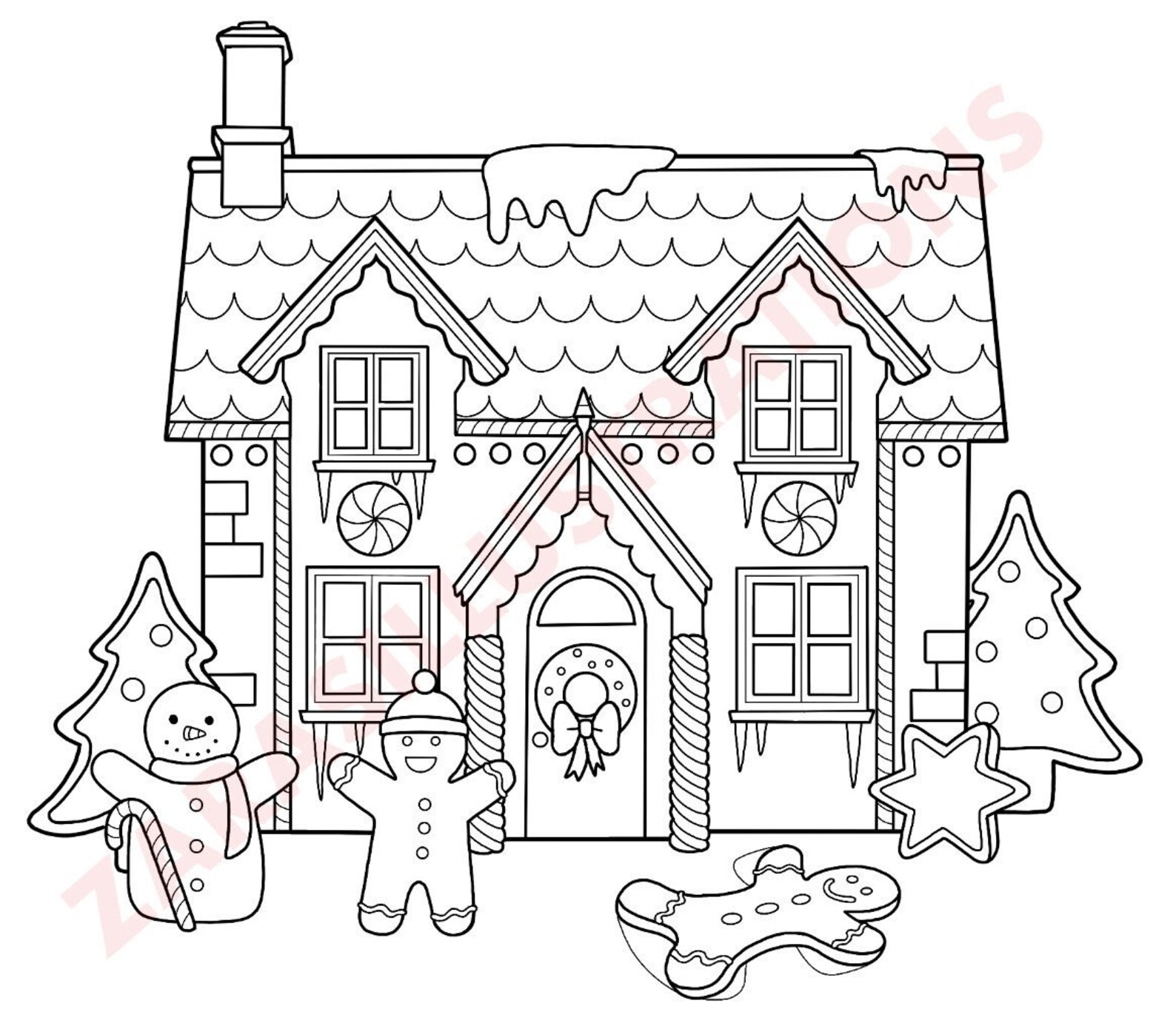 Christmas Gingerbread House Illustration, Colouring Page, PDF Download ...