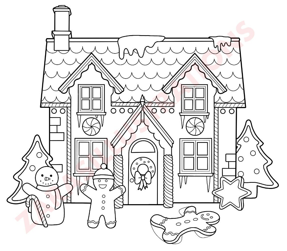 Christmas Gingerbread House Illustration, Colouring Page, PDF Download ...
