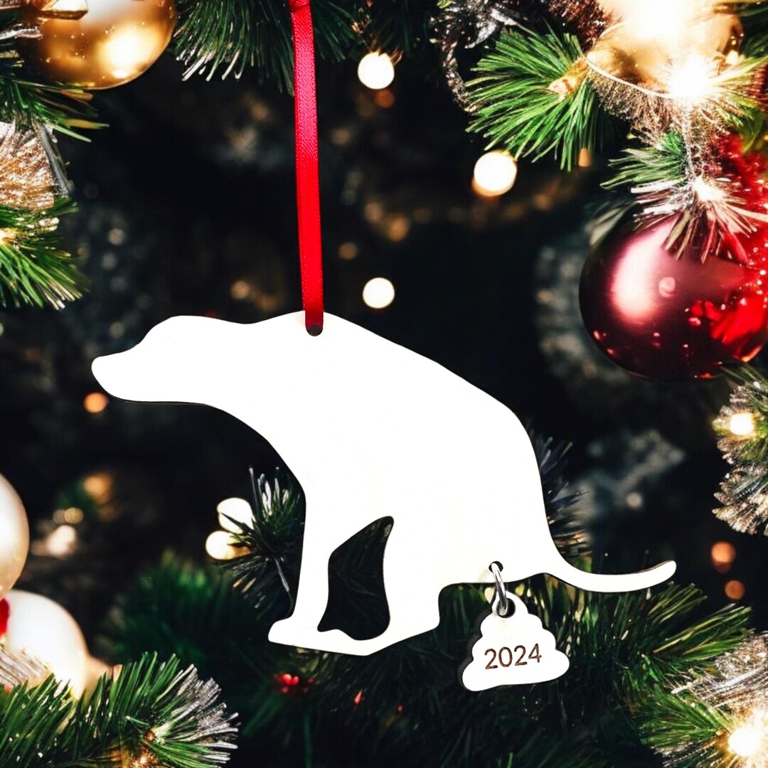 Laser Engraved Wood POOPING DOG Holiday Christmas Tree 2024 Bauble Gift ...
