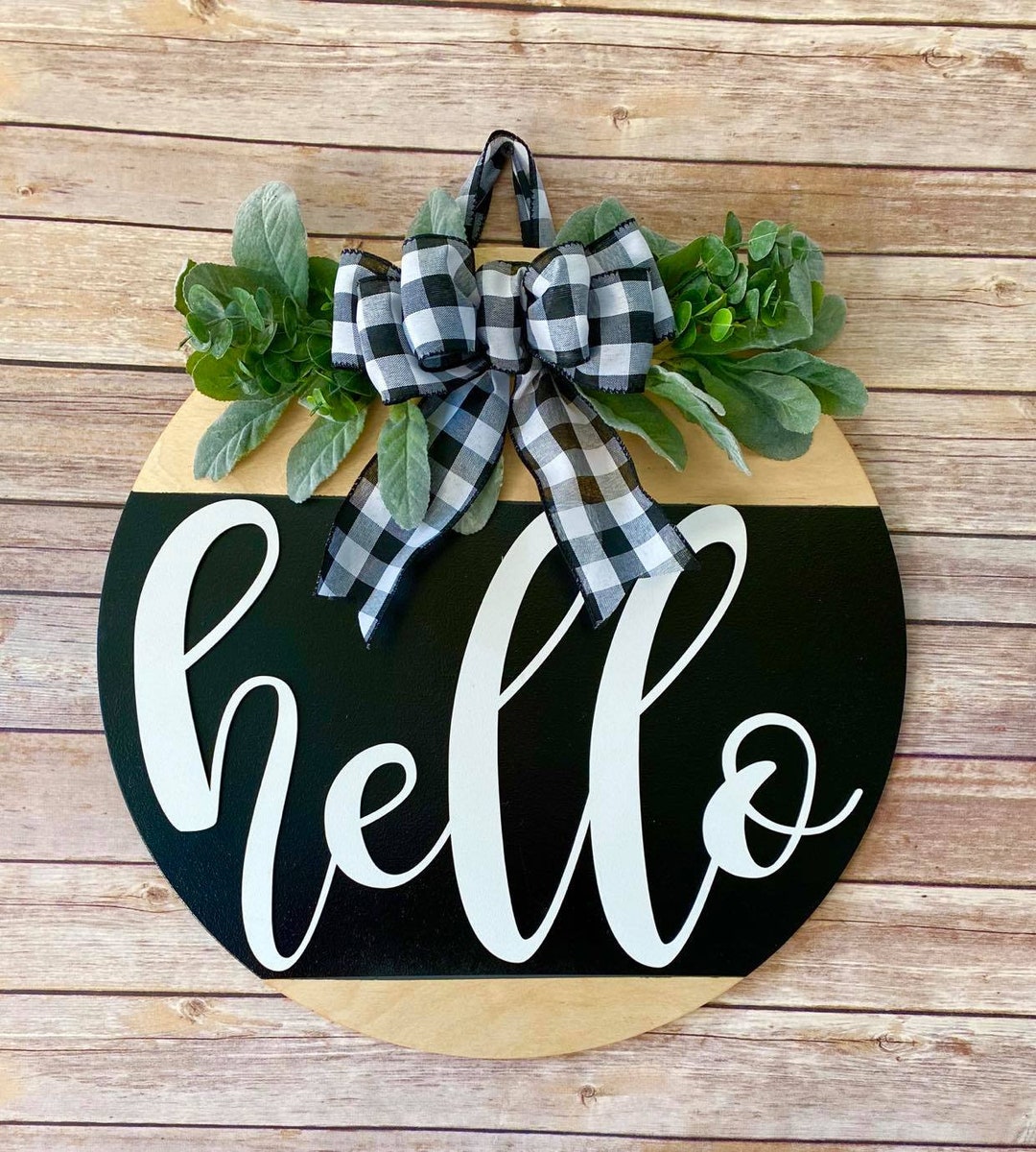 Wooden 3D Wreath HELLO Sign, Buffalo Black/white Plaid Ribbon, Door ...