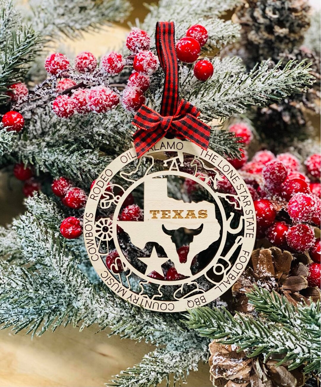 Laser Engraved Wood Holiday Christmas Tree TEXAS TX State Bauble Gift ...