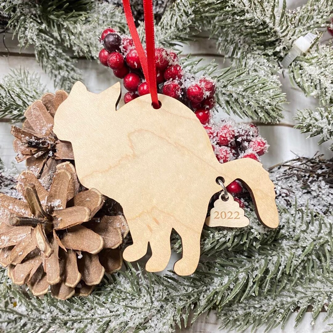 Laser Engraved Wood POOPING CAT Holiday Christmas Tree 2023 Bauble Gift ...