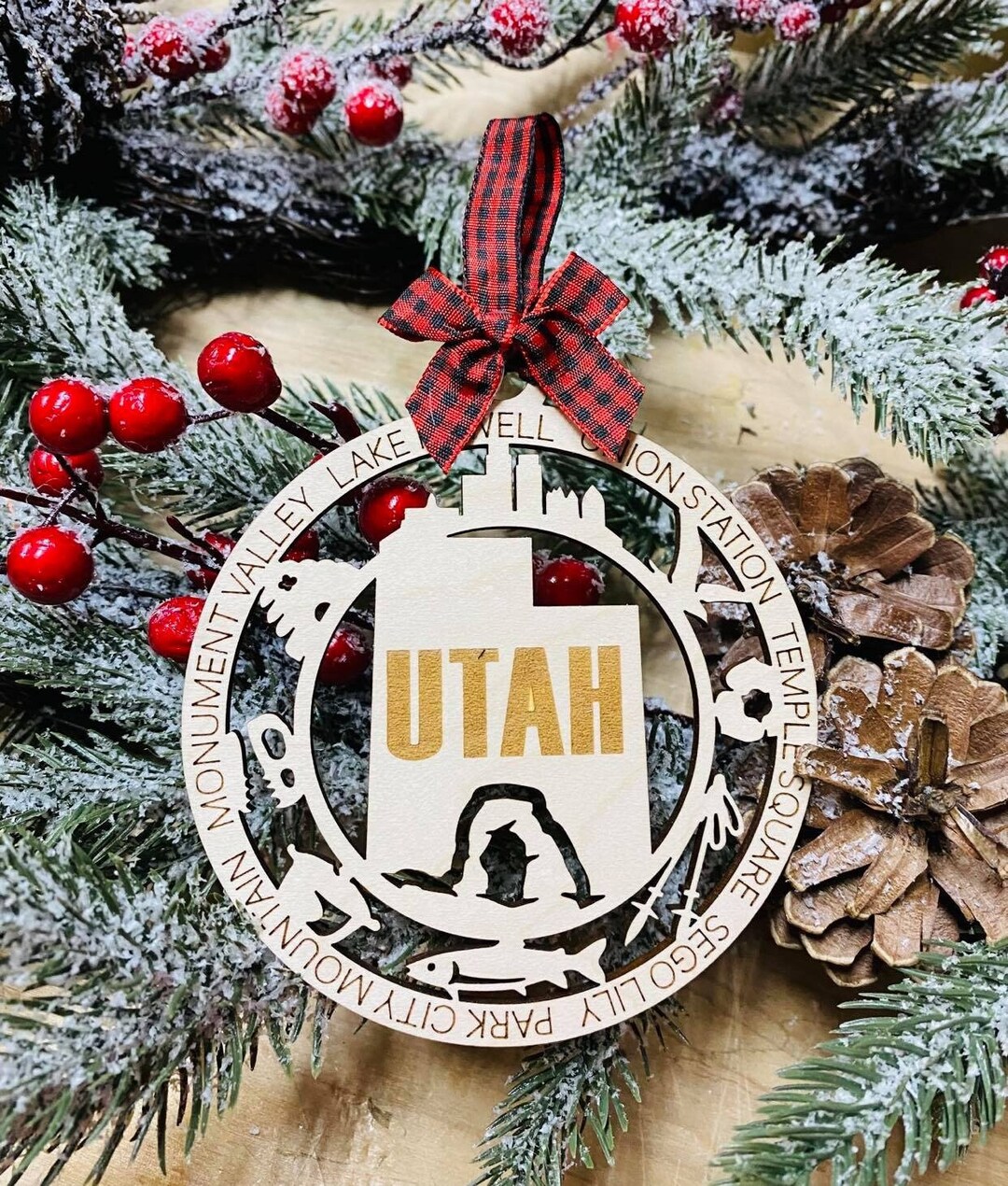 Laser Engraved Wood Holiday Christmas Tree UTAH State Bauble Gift ...