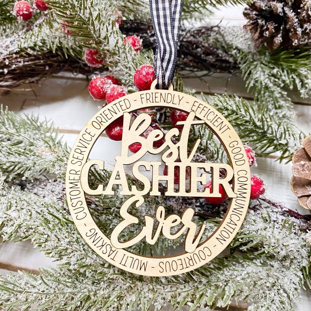Laser Engraved Wood Holiday Christmas Tree Best Cashier Ever 2025 ...