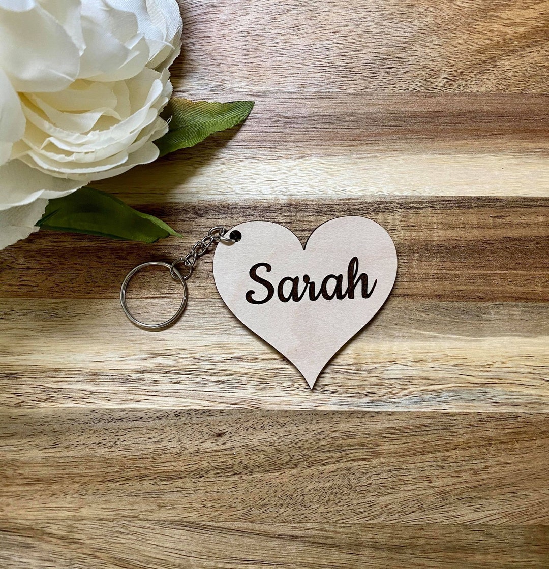 Custom Laser Cut Wood Heart Love Personalized Keychain Valentines Gift ...