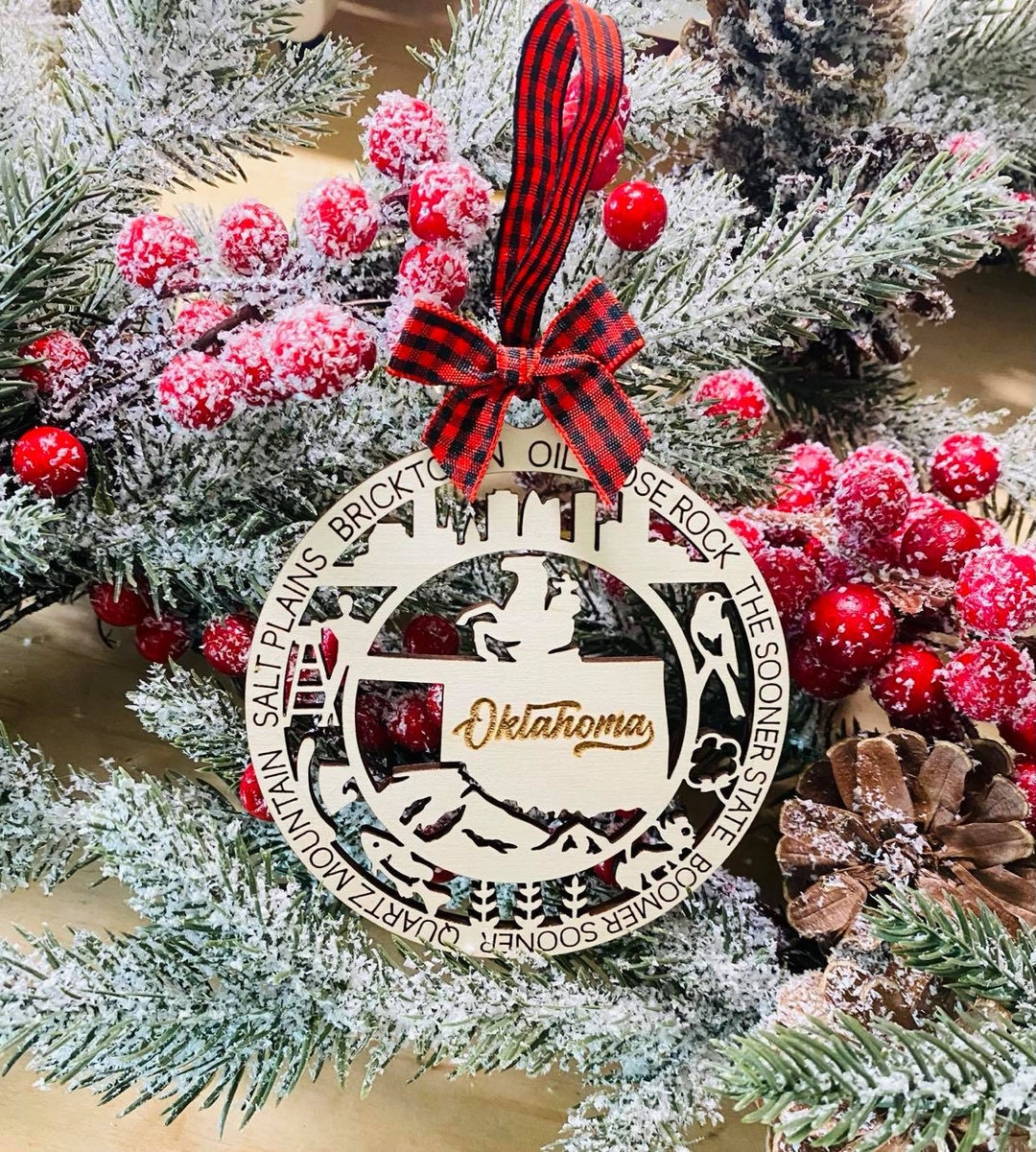 Laser Engraved Wood Holiday Christmas Tree OKLAHOMA State Bauble Gift ...