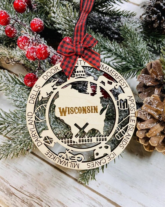 Laser Engraved Wood Holiday Christmas Tree WISCONSIN State - Etsy