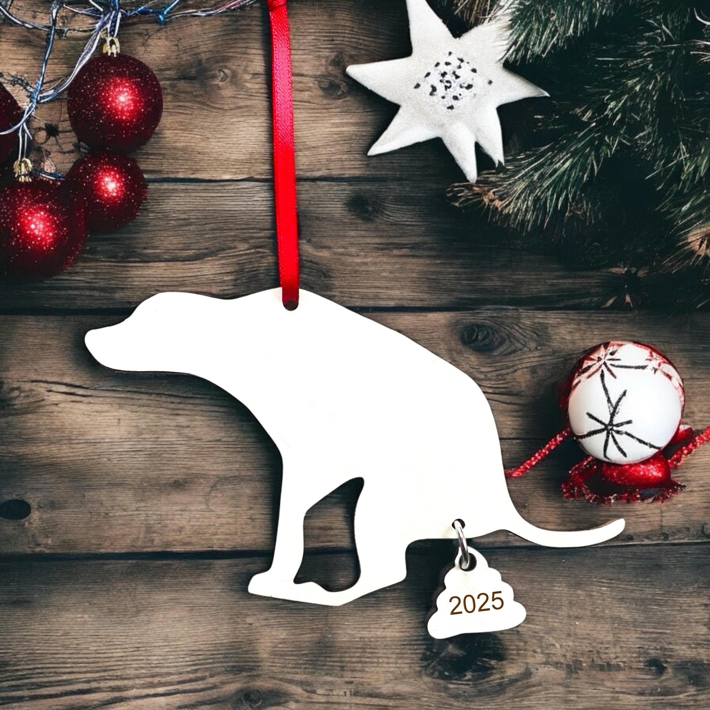 Laser Engraved Wood POOPING DOG Holiday Christmas Tree 2025 Bauble Gift ...