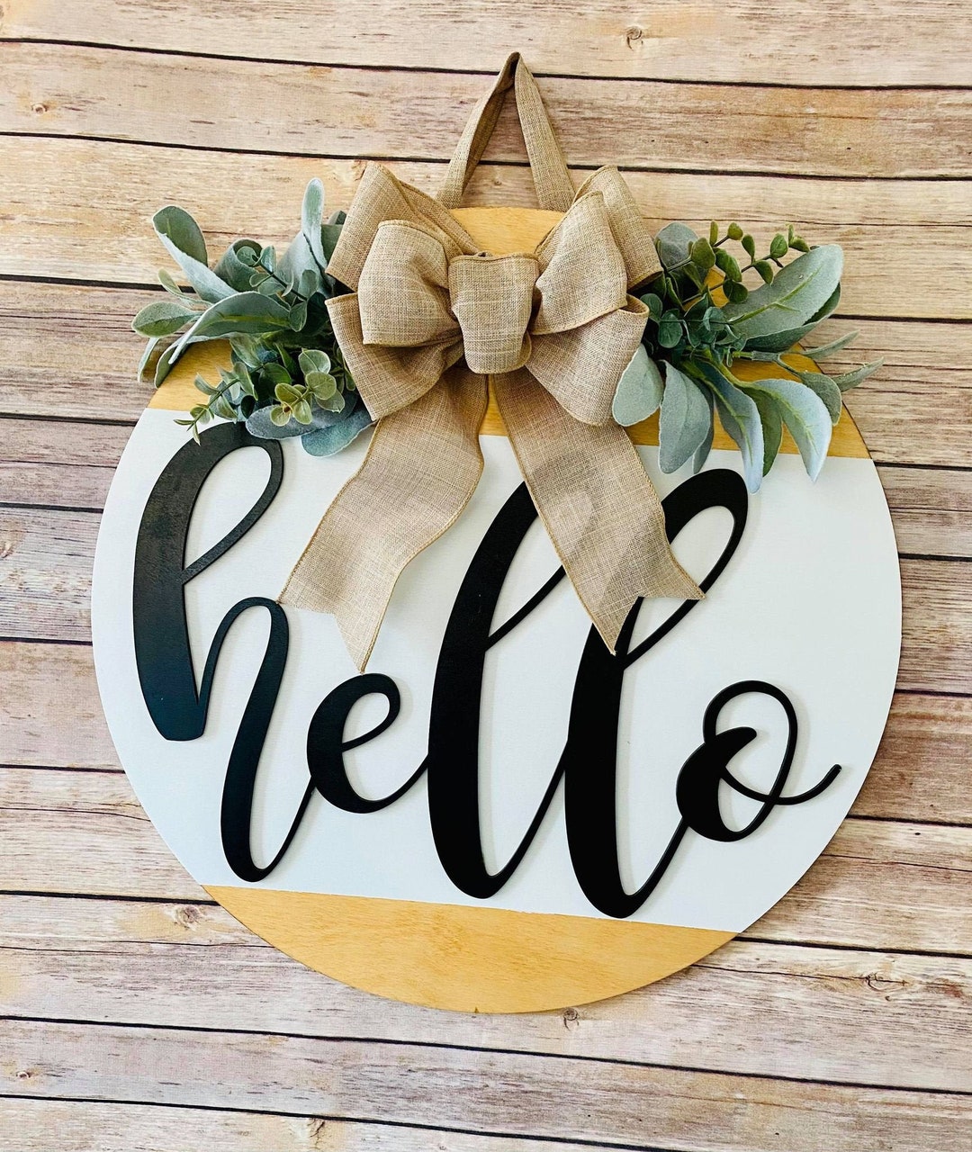 Wooden 3D Wreath HELLO Sign, Burlap Ribbon, Door Hanger, Wood Wreath ...